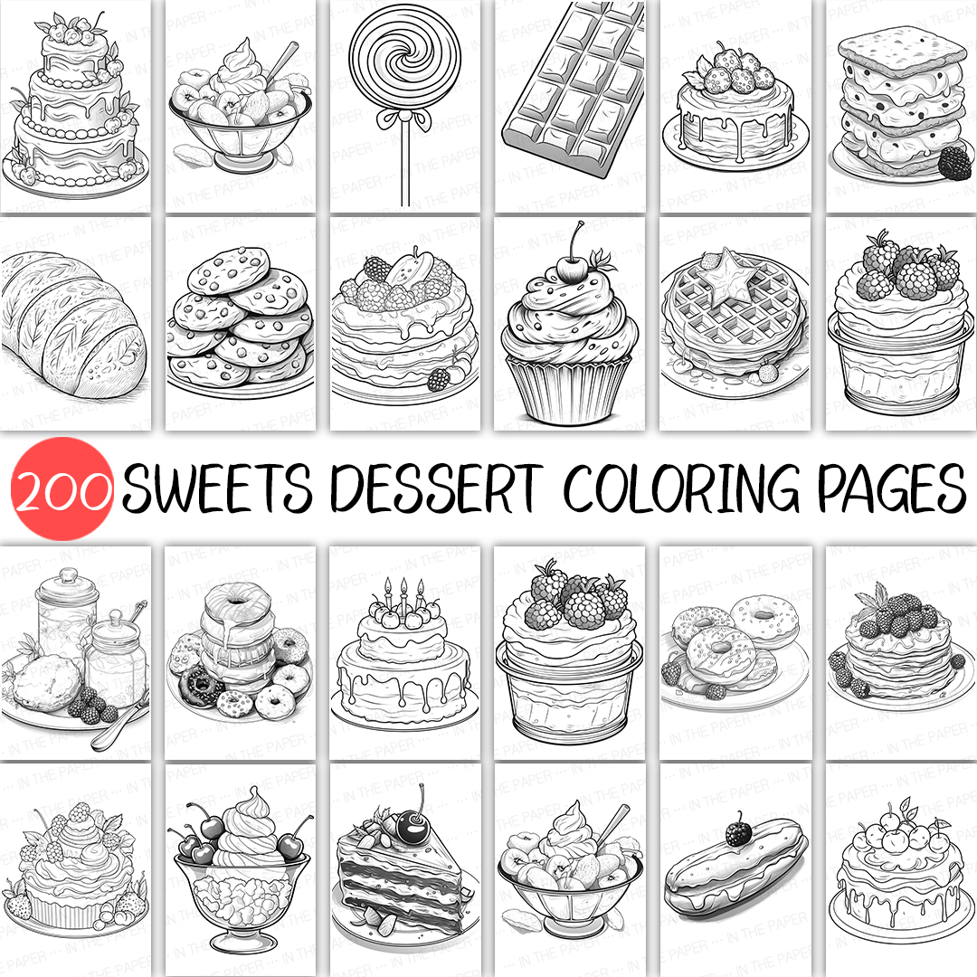 200 Sweets Dessert Coloring Page | Kid Adult Book Cup Cake C | Inspire ...