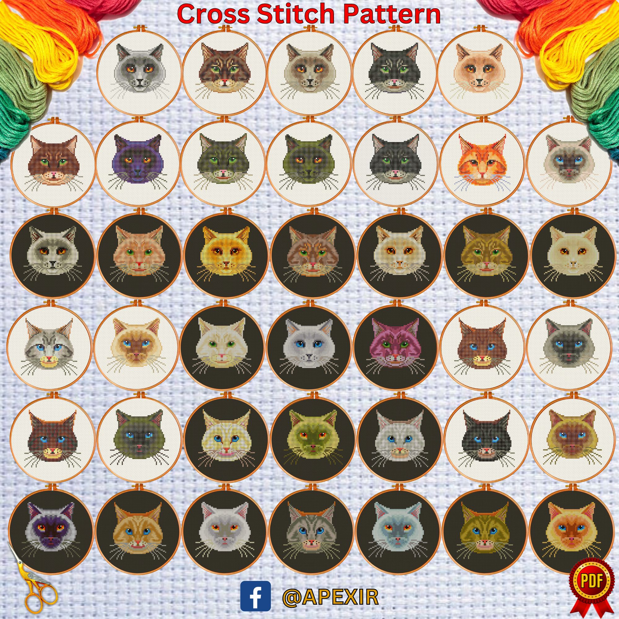 Set of 40 Cute Cats Face Cross Stitch Pattern, Animal Embroi | Inspire ...