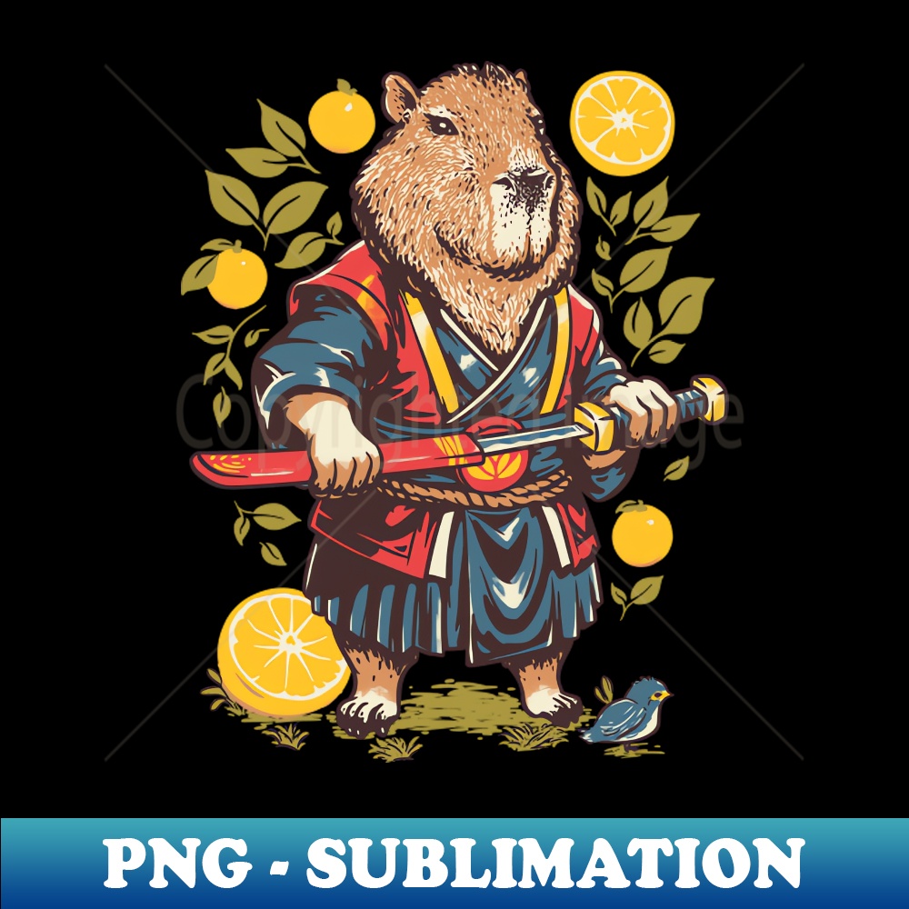 Capybara Orange Samurai Capy Slicing an Yuzu with Katana C | Inspire Uplift