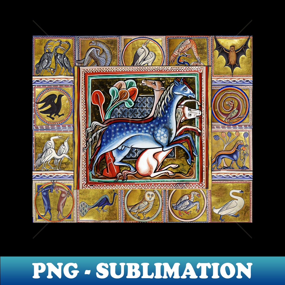 MEDIEVAL BESTIARY THREE HORSES FANTASTIC ANIMALS IN GOLD RED | Inspire ...