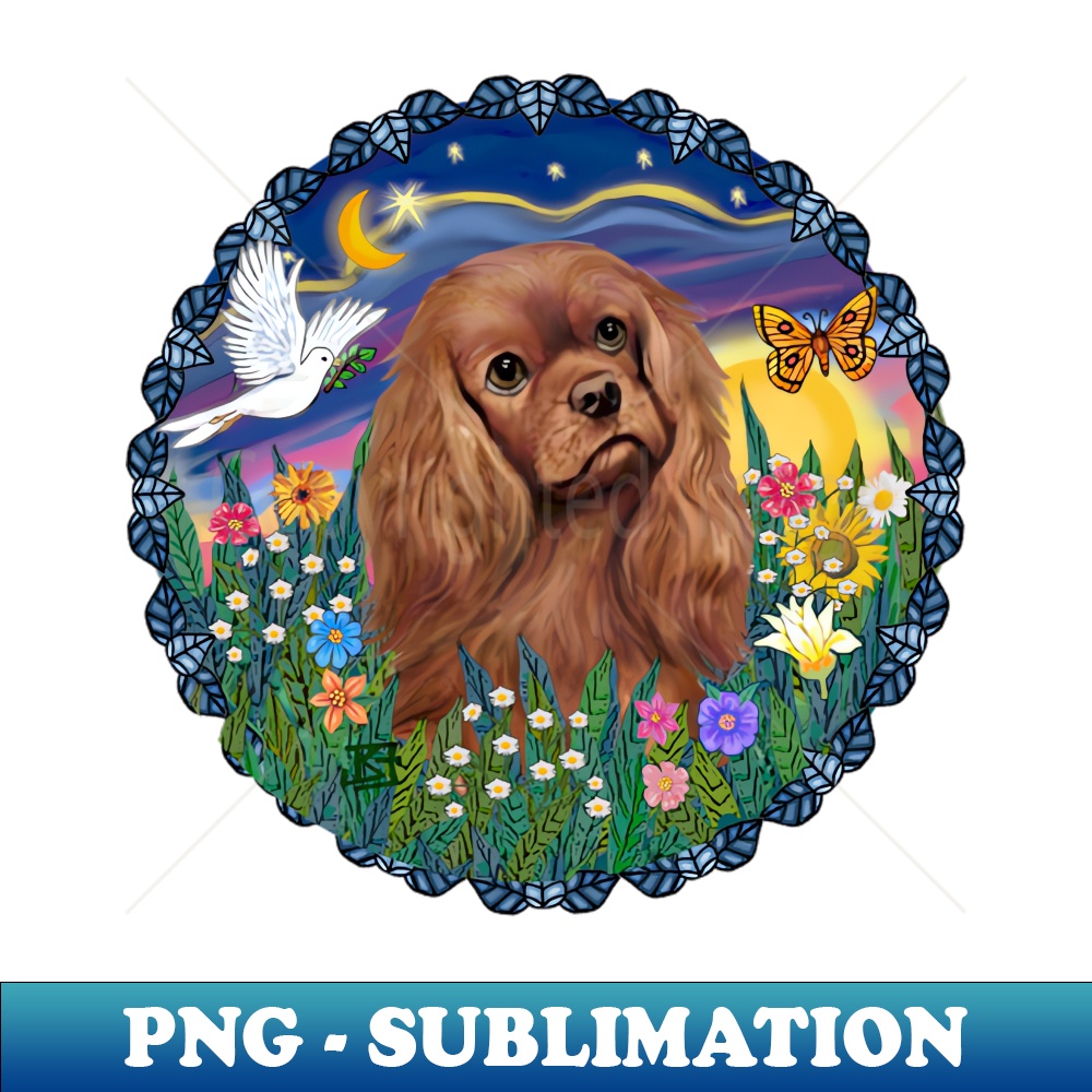Sunrise Garden with a Ruby Cavalier King Charles Spaniel - P | Inspire ...
