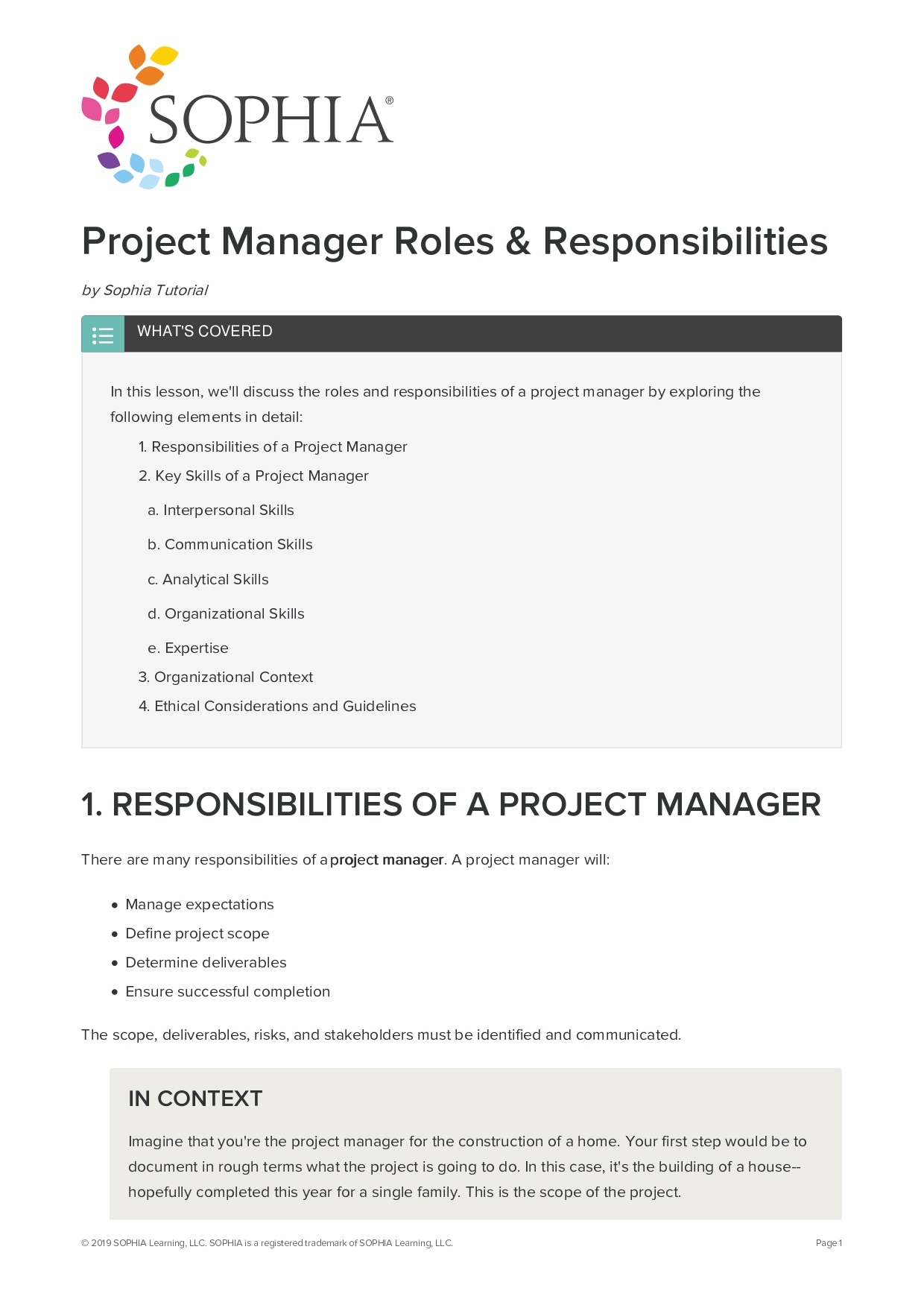 Sophia Tutorial Project Manager Roles & Responsibilities - Inspire Uplift