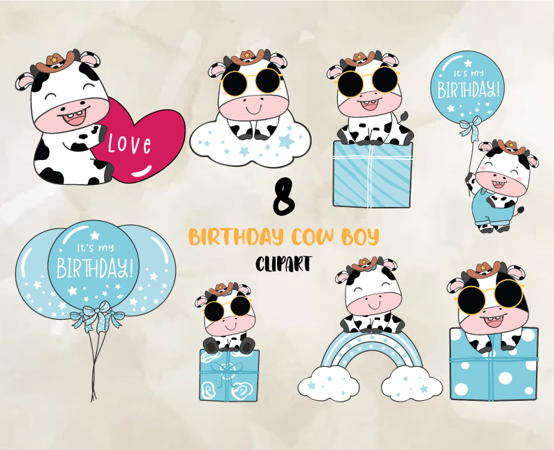 Cute Baby Cow Boy Birthday Clipart Set, Birthday Svg, Happy | Inspire ...