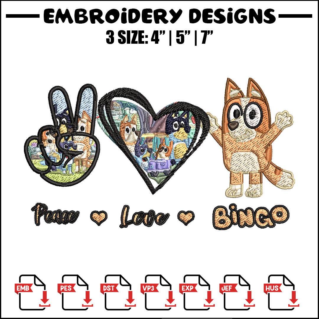 Bluey Peace Love bandit Embroidery design, Bluey cartoon Emb | Inspire ...