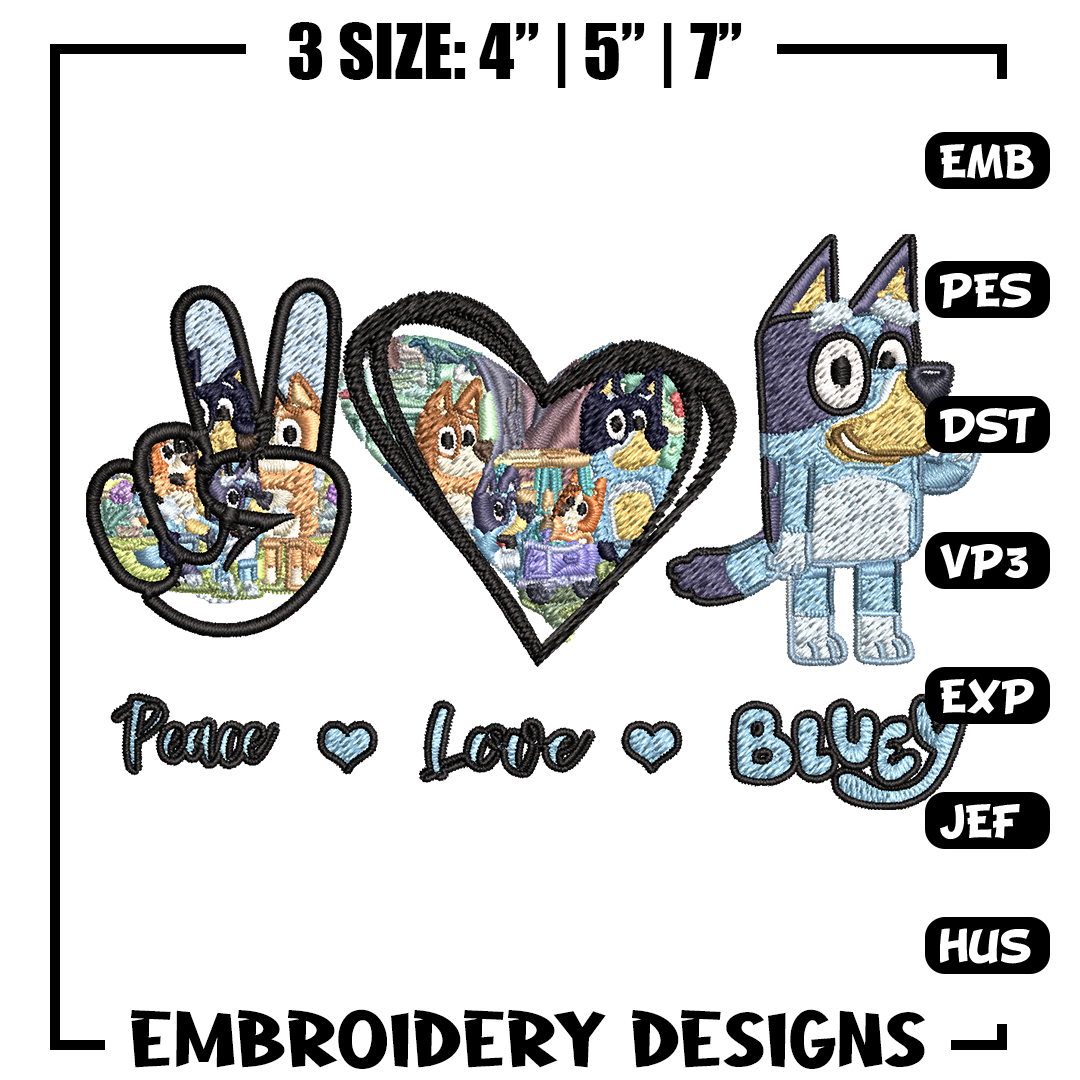 Bluey Peace Love bandit Embroidery design, Bluey cartoon Emb | Inspire ...