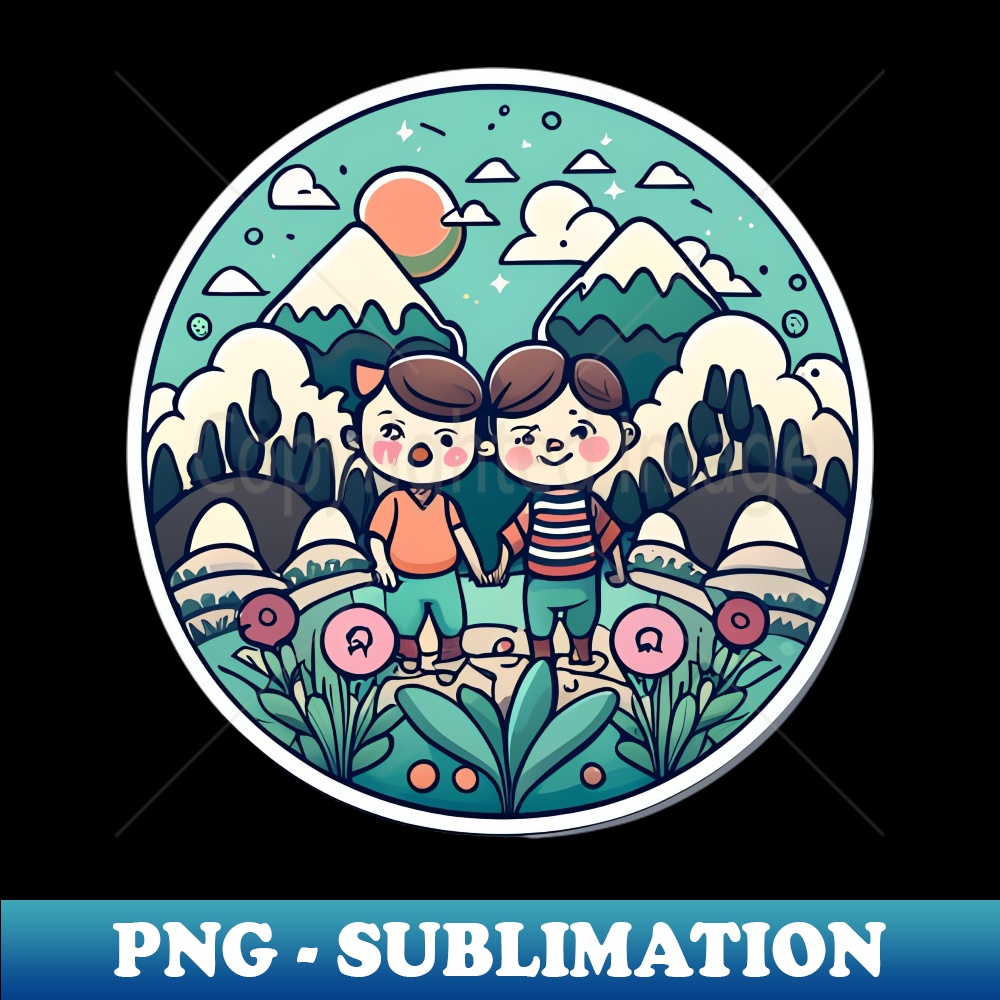 Round Sticker Simple Kawaii Brother and Sister by a Mountain | Inspire ...