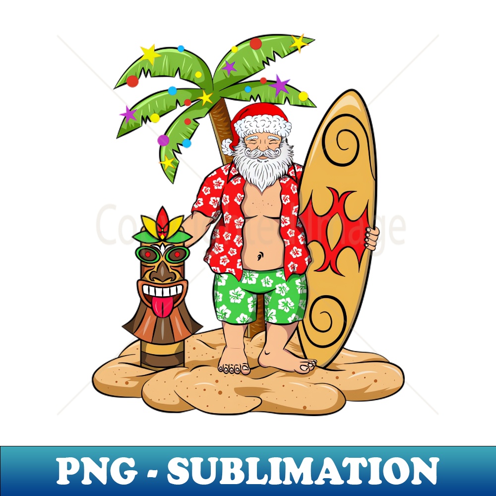 Hawaiian Christmas Santa with Surfboard and Tiki - PNG Trans | Inspire ...