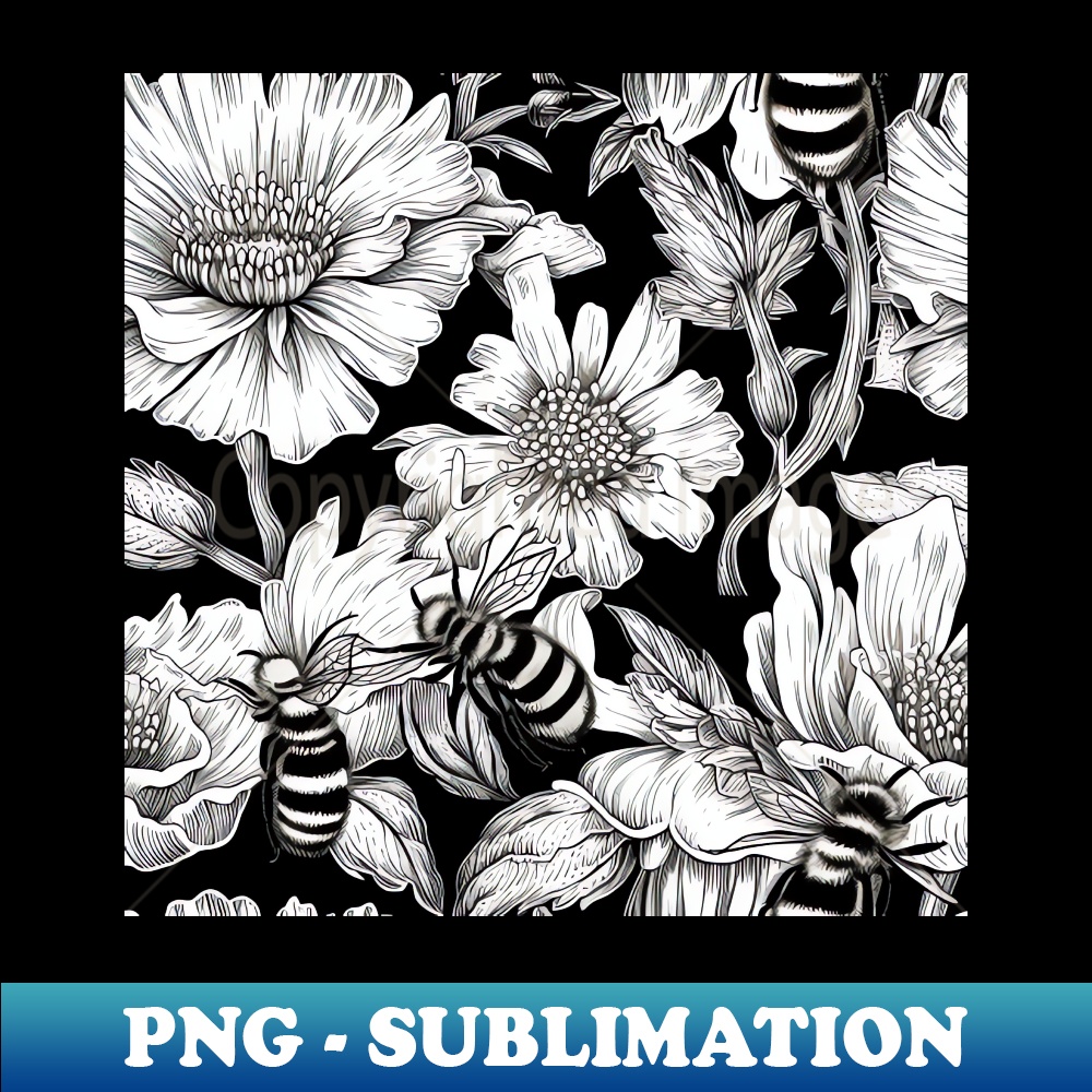Bees Amidst Flowers Pen And Ink Engraving - PNG Sublimation | Inspire ...