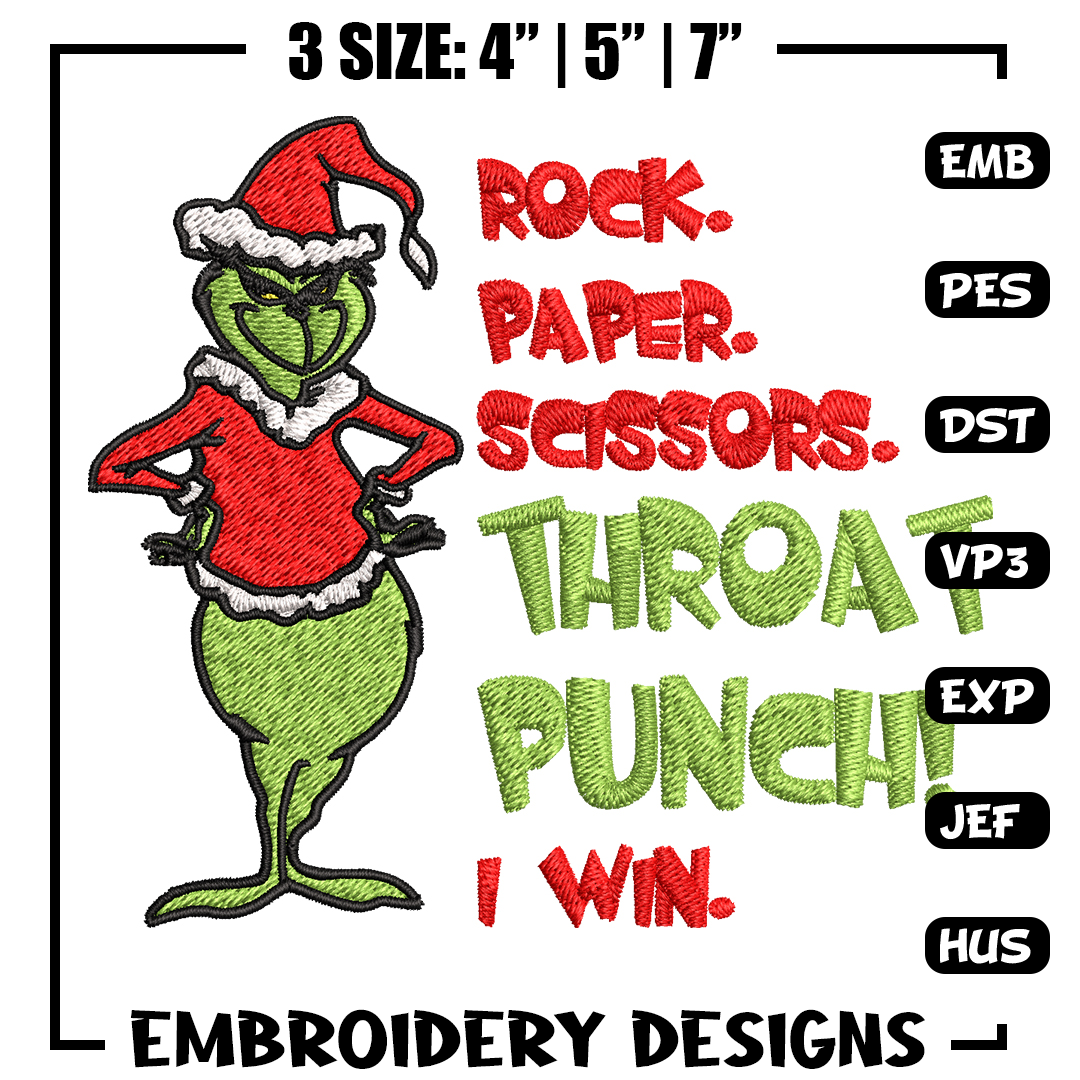 Rock Paper Scissors Throat Punch Grinch Embroidery design, G | Inspire ...