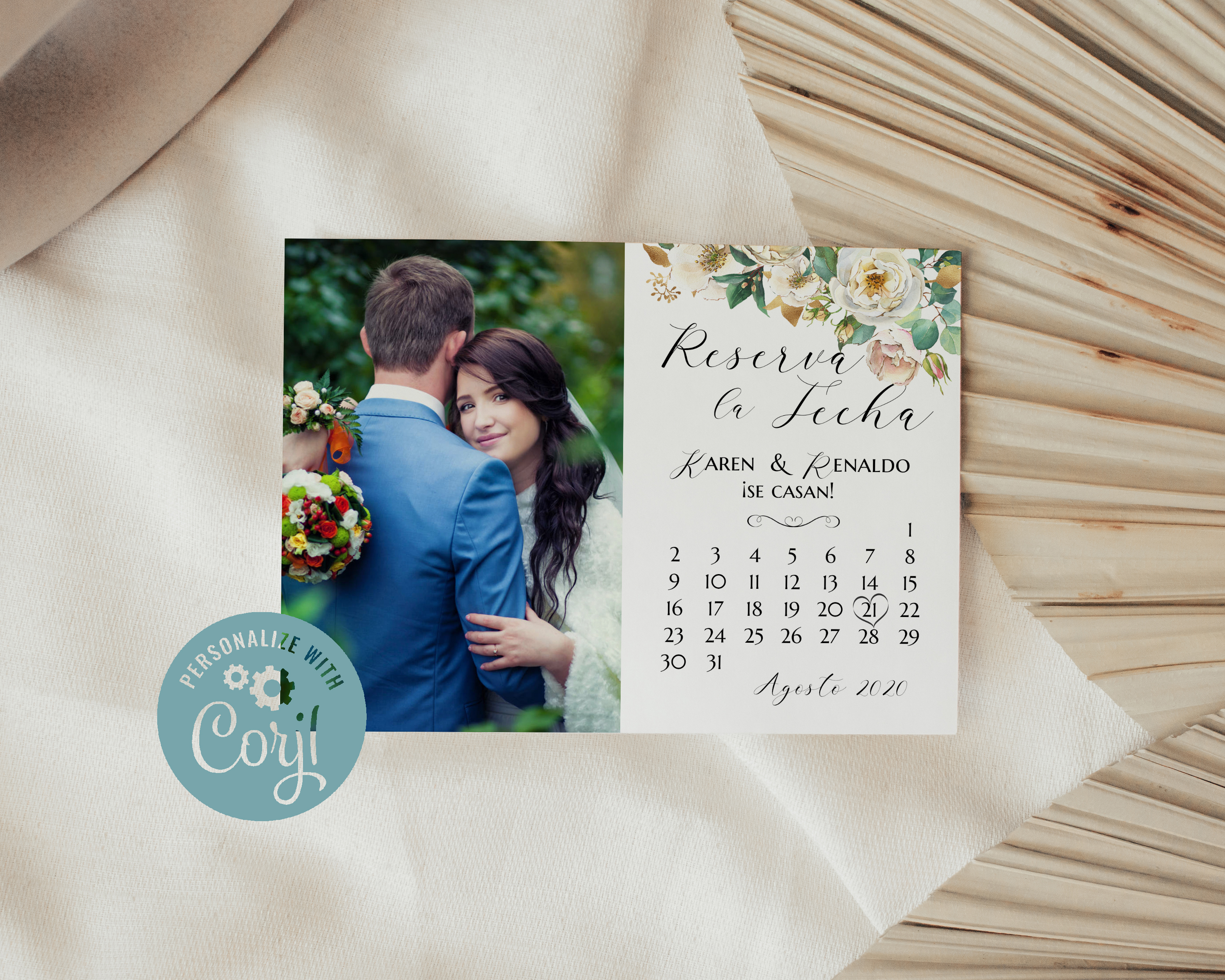SpanishWhite Floral Save the Date Editable Calendar Reserva - Inspire ...