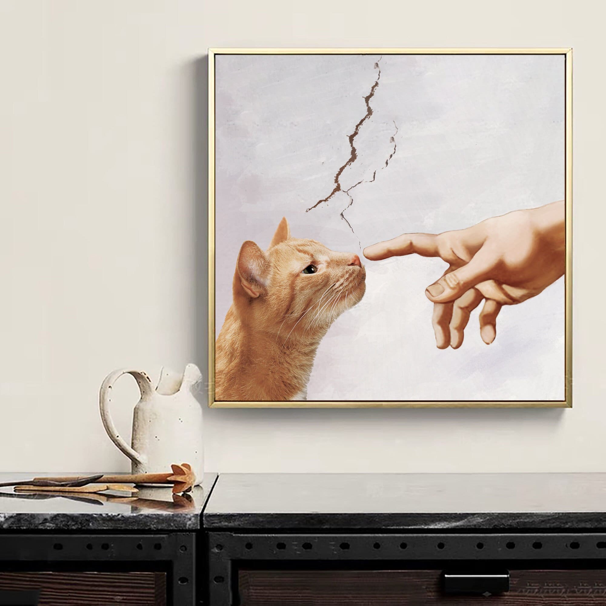 The Creation of Adam and Cat, Original Oil Painting Cat Port | Inspire ...
