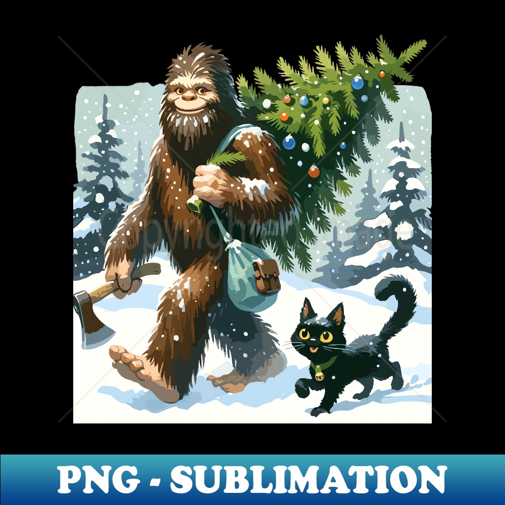 Funny BRINGING HOME THE TREE Christmas Bigfoot Black Cat Art | Inspire ...