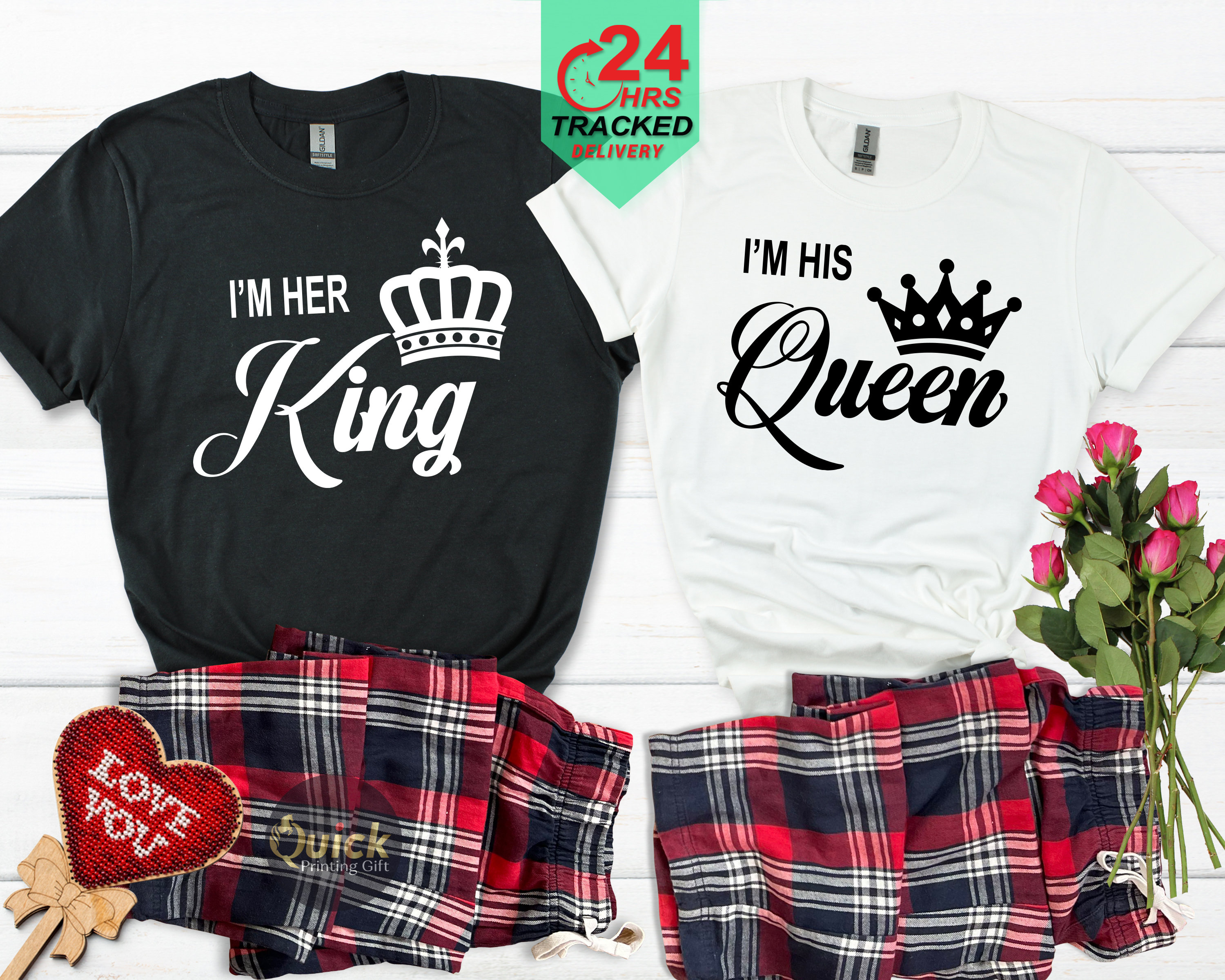 Matching His and Hers King Queen Tartan Pyjamas, White Tops | Inspire ...