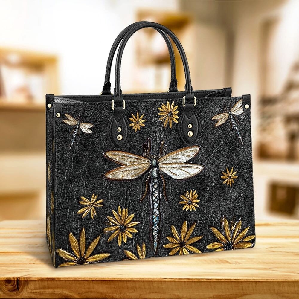 Dragonfly Sunflowers Black Leather Bag, Women Sunflower Leat | Inspire ...