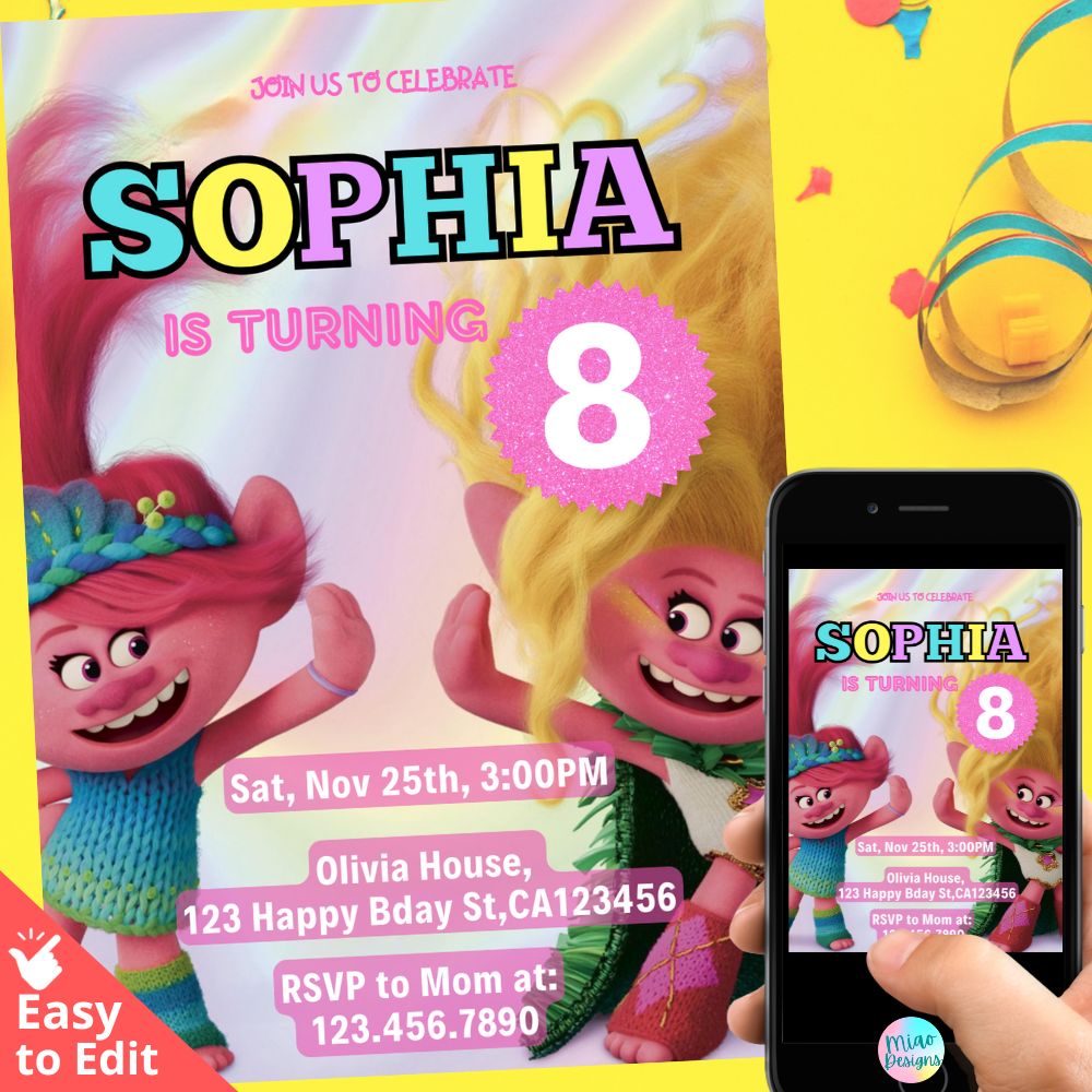 Trolls Band Together Poppy Birthday Invitation Template | Inspire Uplift