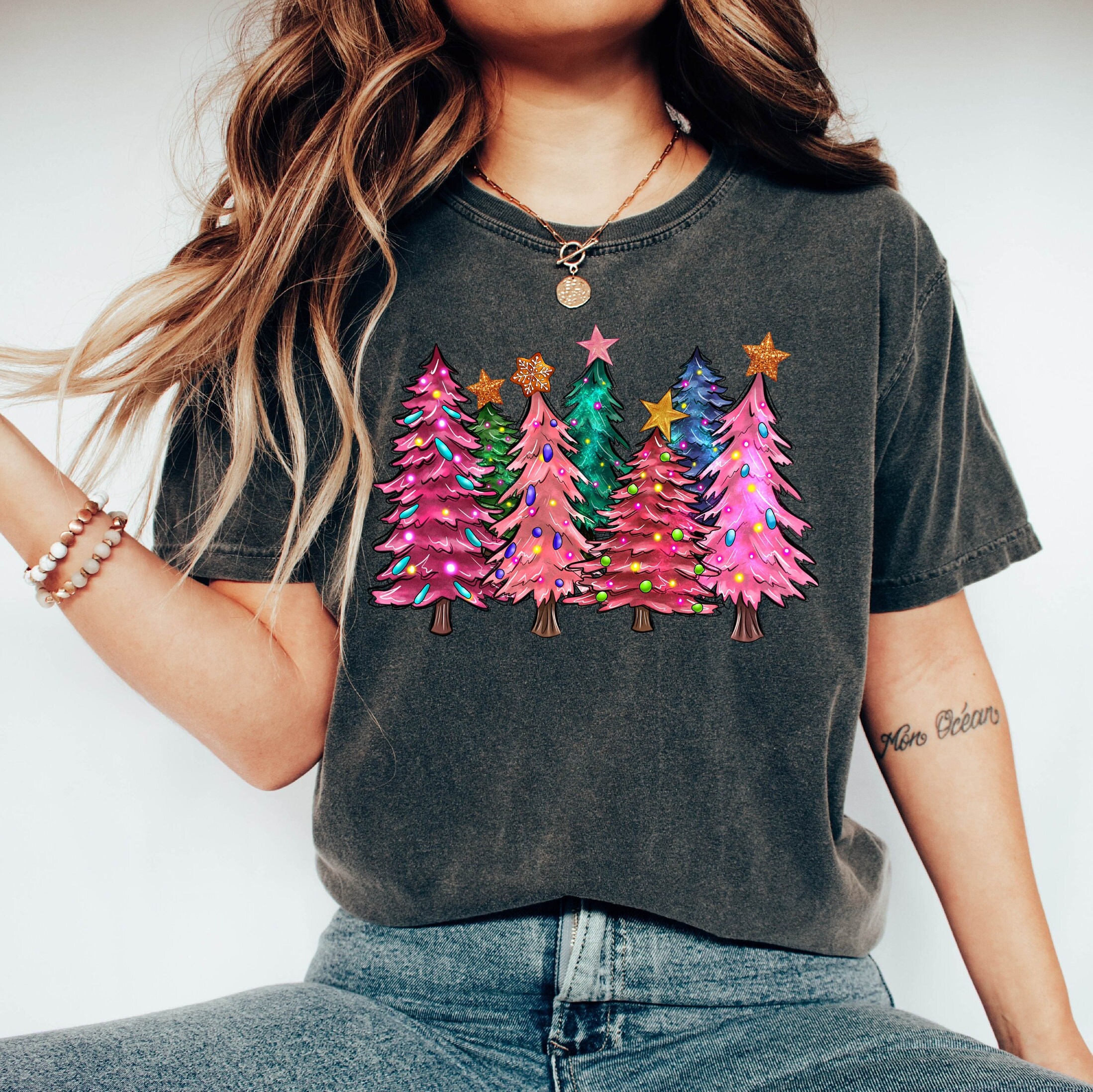 Merry Christmas Pink Trees Shirt, Merry And Bright Christmas | Inspire ...
