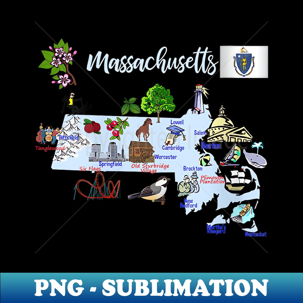 s Massachusetts tourist map with landmarks, famous symbols, | Inspire ...