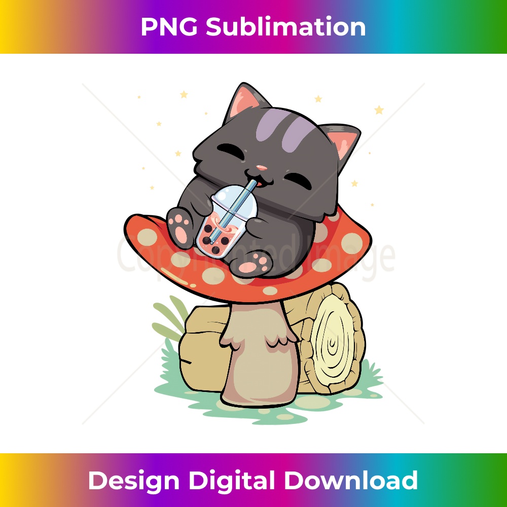 Cottagecore Kawaii Cat Cat With Boba Tea on a Mushroom Long | Inspire ...