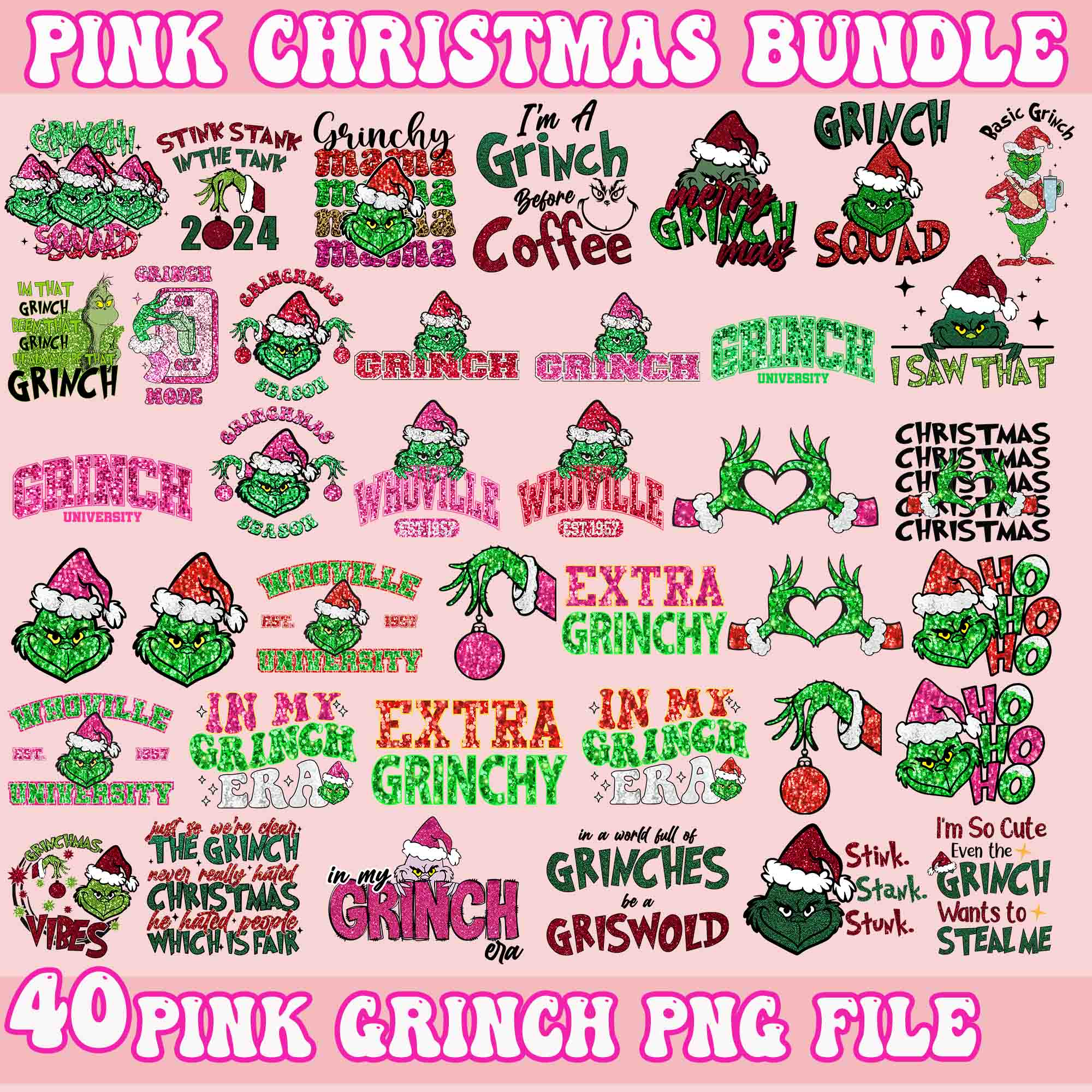 Pink Faux Sequin Grinchmas Png, Grinch Bundle Png, Pink Chri - Inspire ...