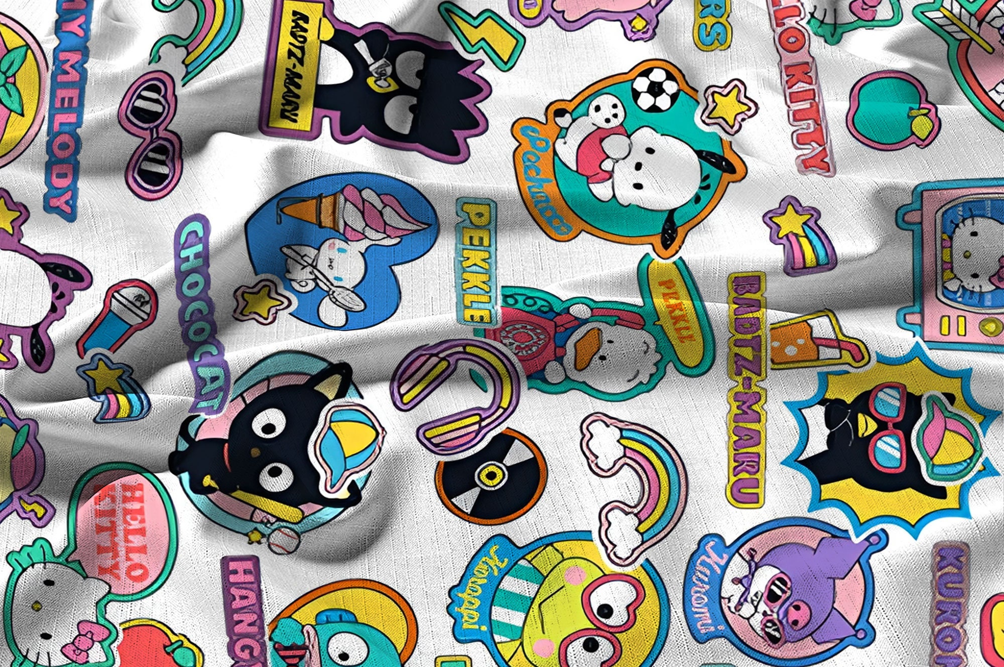 Cute Cat And Friends Stickers Cotton Fabric, Cotton Fabric, - Inspire ...