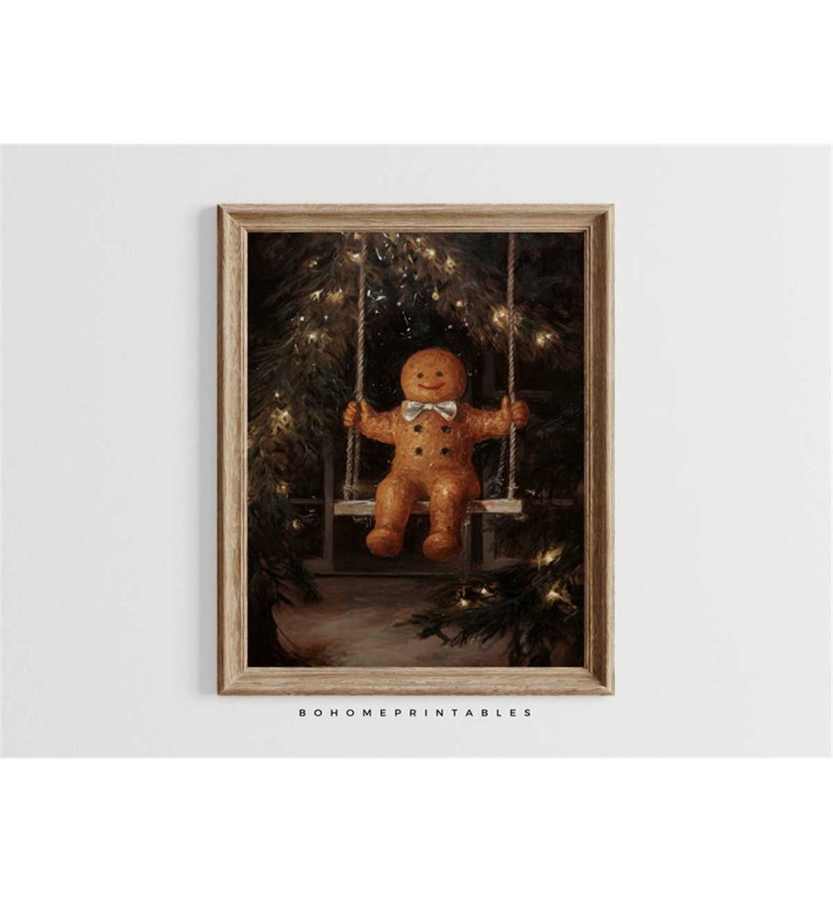gingerbread man on swing vintage christmas wall art | Inspire Uplift