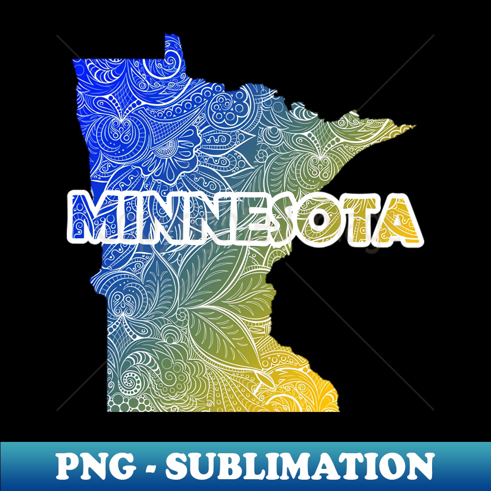 Colorful mandala art map of Minnesota with text in blue and | Inspire ...