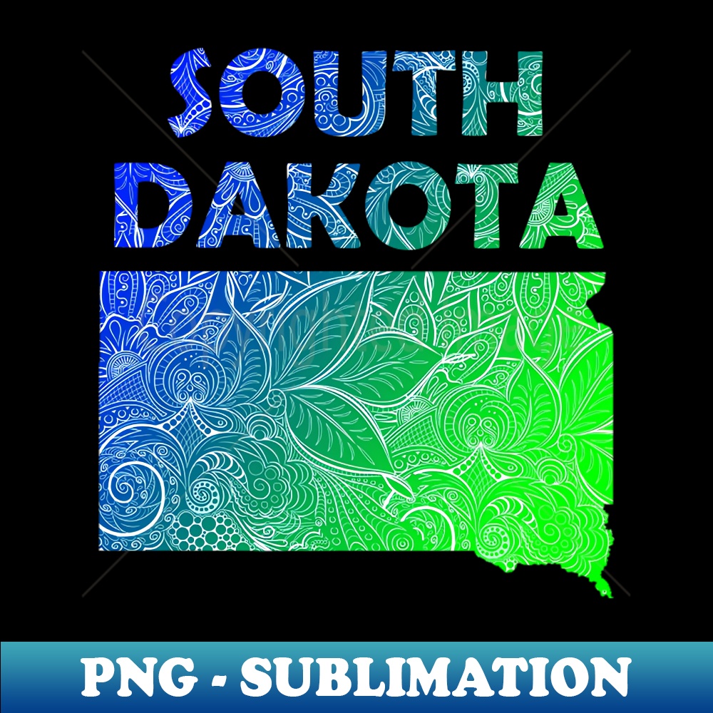 Colorful mandala art map of South Dakota with text in blue a - Inspire ...