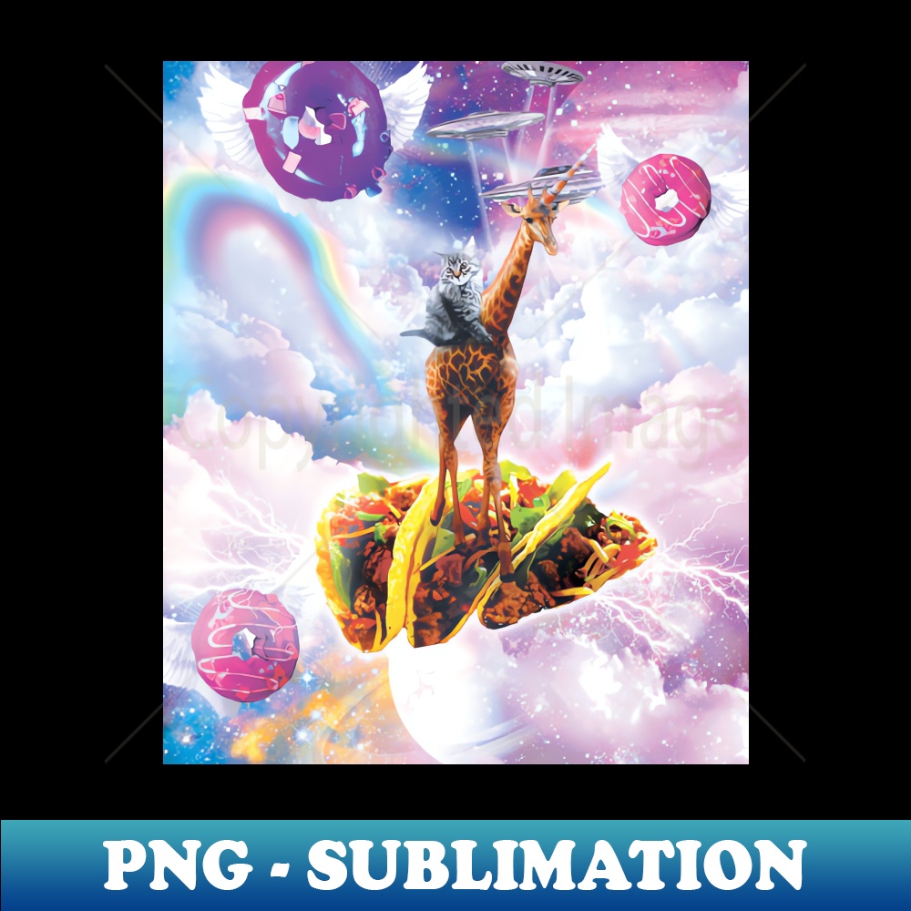 Cat Riding Unicorn Giraffe on Taco in Donuts Heaven - Retro | Inspire ...