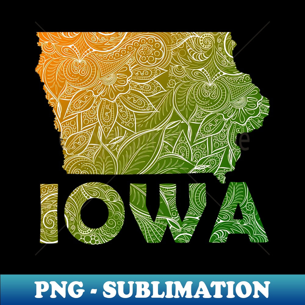 Colorful mandala art map of Iowa with text in green and oran | Inspire ...
