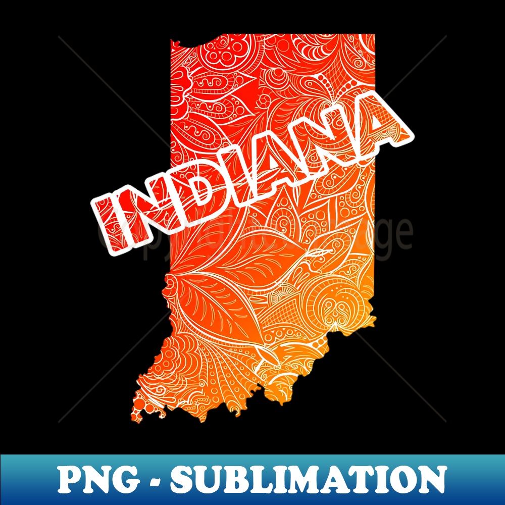Colorful mandala art map of Indiana with text in red and ora | Inspire ...