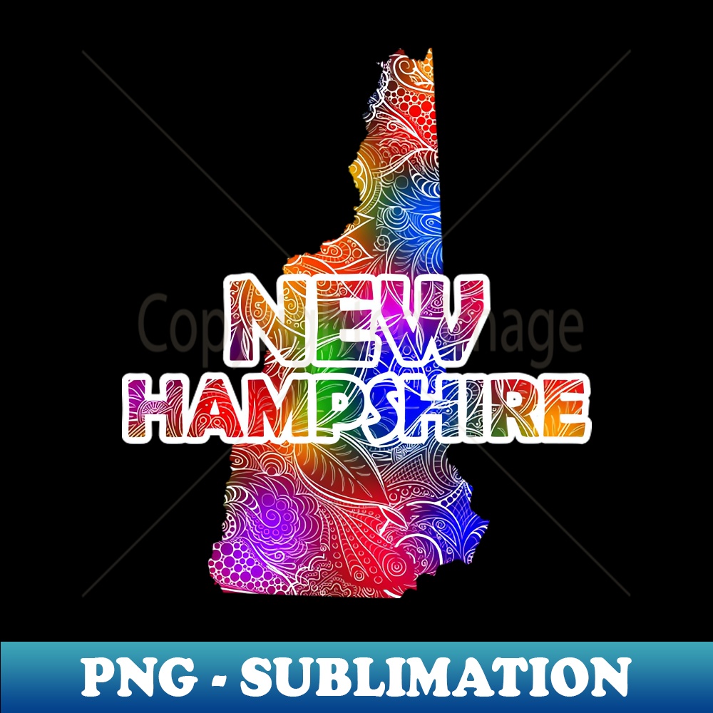 Colorful mandala art map of New Hampshire with text in multi | Inspire ...