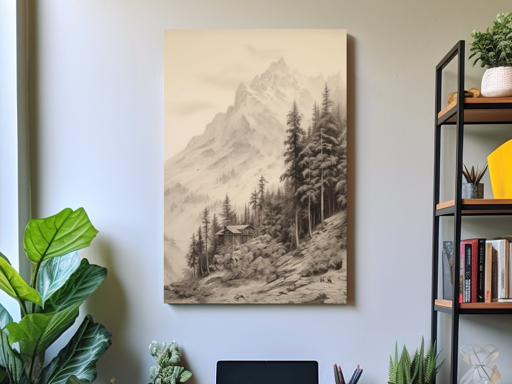 Lead pencil drawing of a cabin by a glacier ,Canvas wrapped | Inspire ...