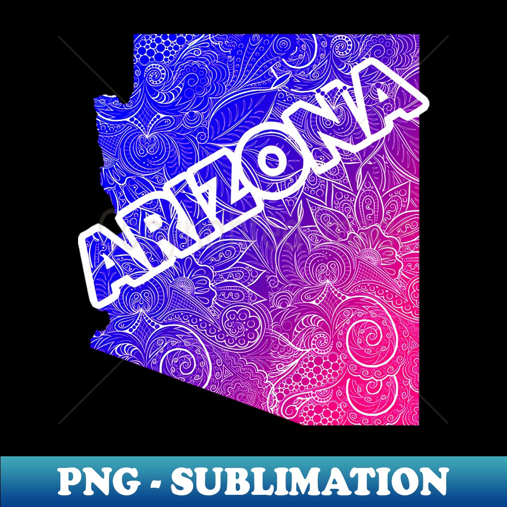 Colorful mandala art map of Arizona with text in blue and vi - Inspire ...