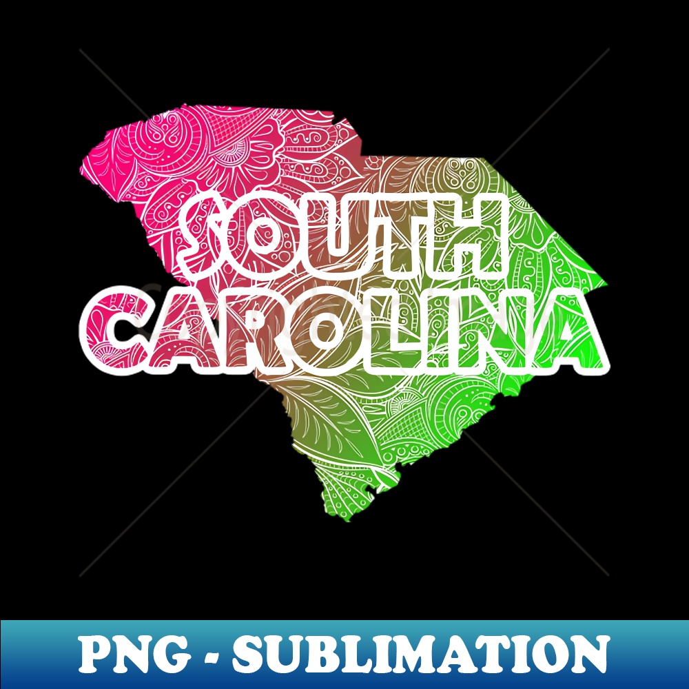 Colorful mandala art map of South Carolina with text in pink | Inspire ...