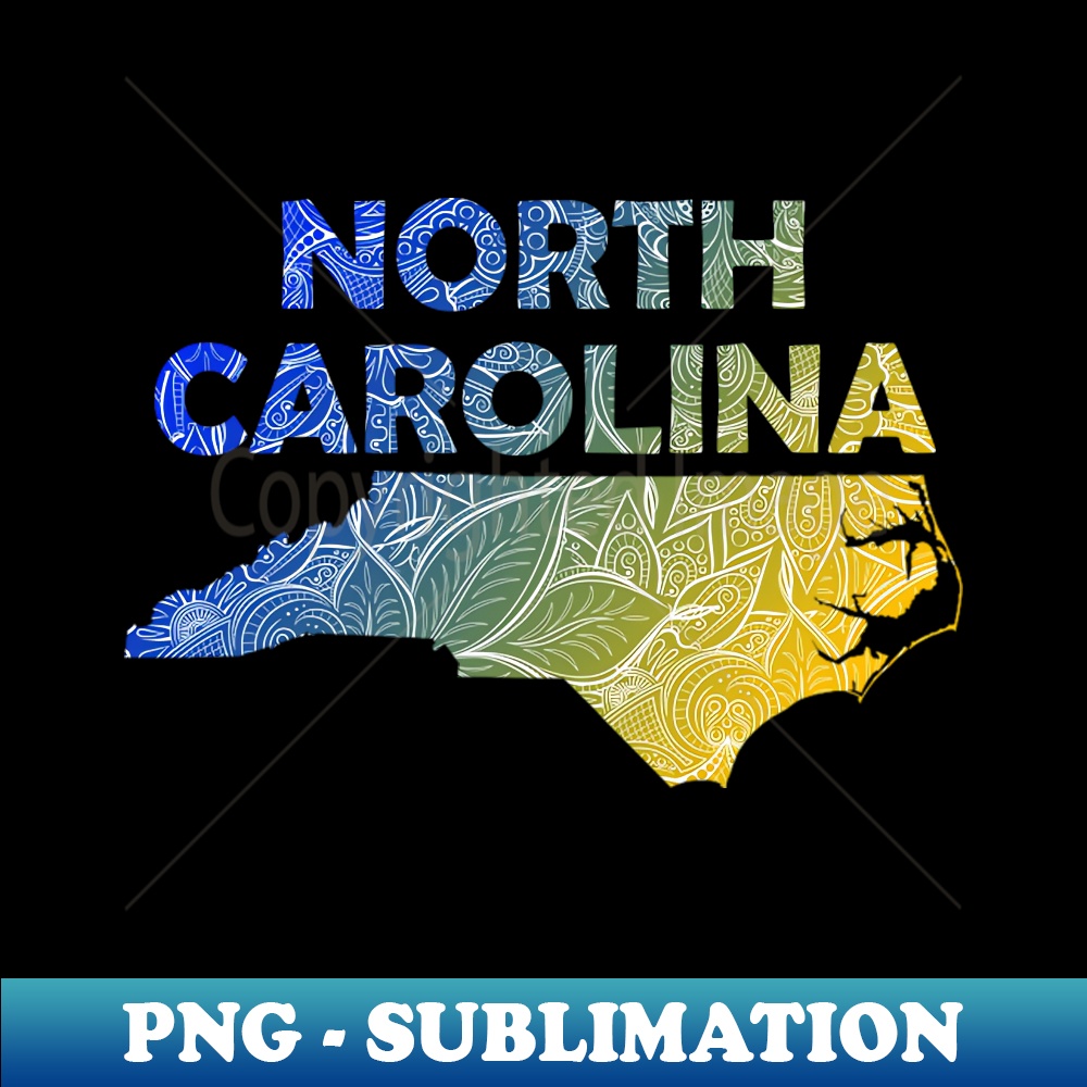 Colorful mandala art map of North Carolina with text in blue | Inspire ...
