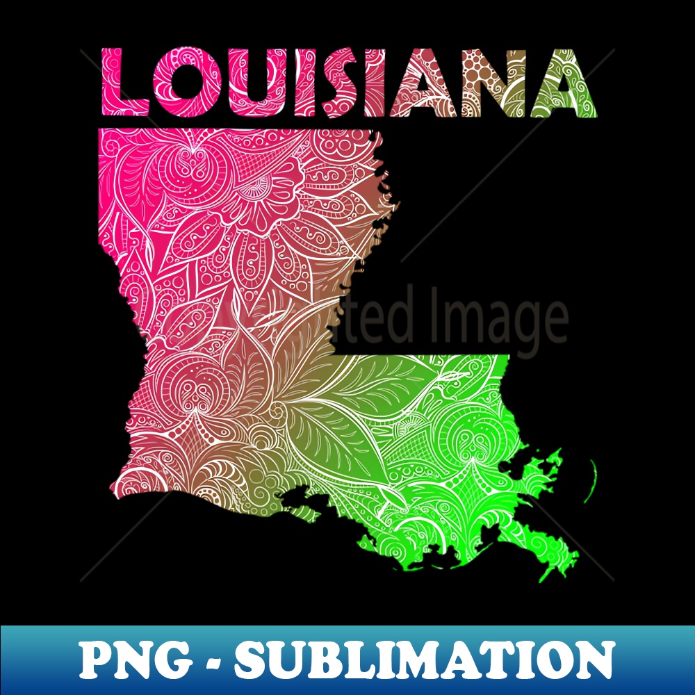 Colorful mandala art map of Louisiana with text in pink and - Inspire ...