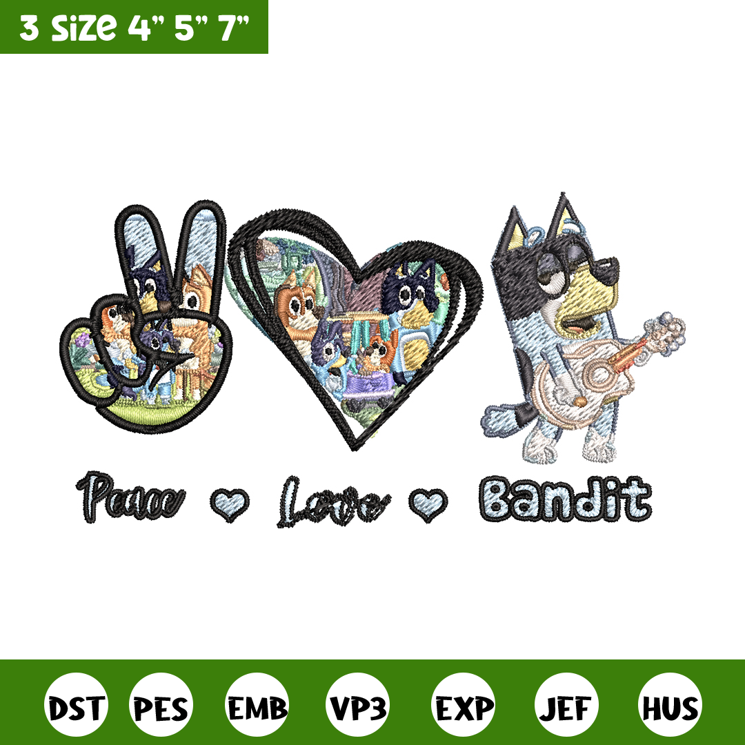 Bluey Peace Love bandit Embroidery design, Bluey cartoon Emb | Inspire ...