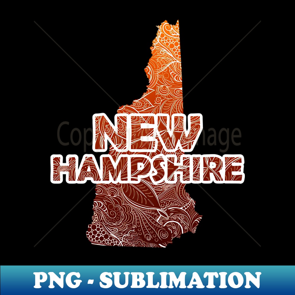 Colorful mandala art map of New Hampshire with text in brown | Inspire ...
