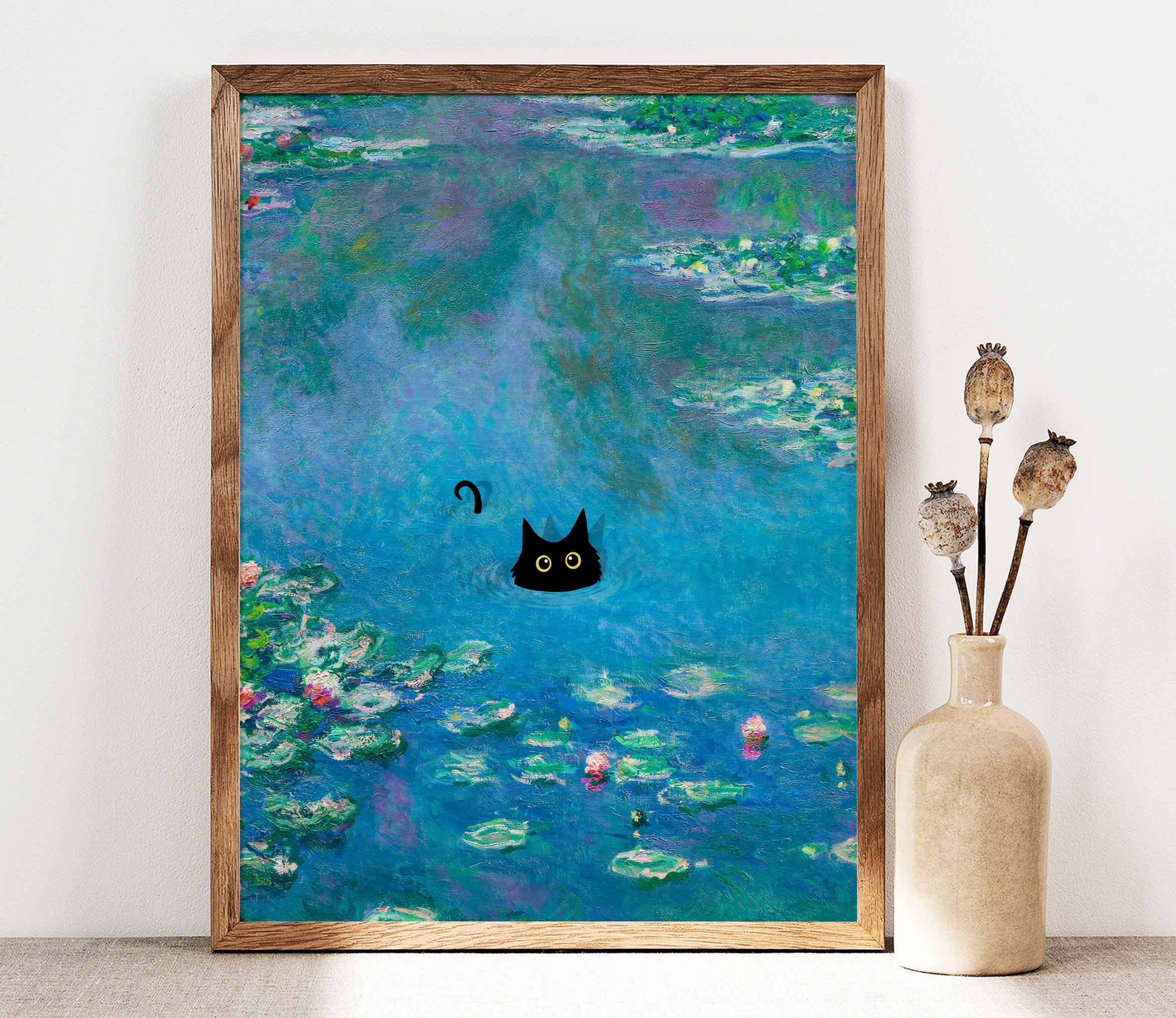 Monet Waterlily Cat Print, Claude Monet Cat Poster, Black Ca - Inspire ...