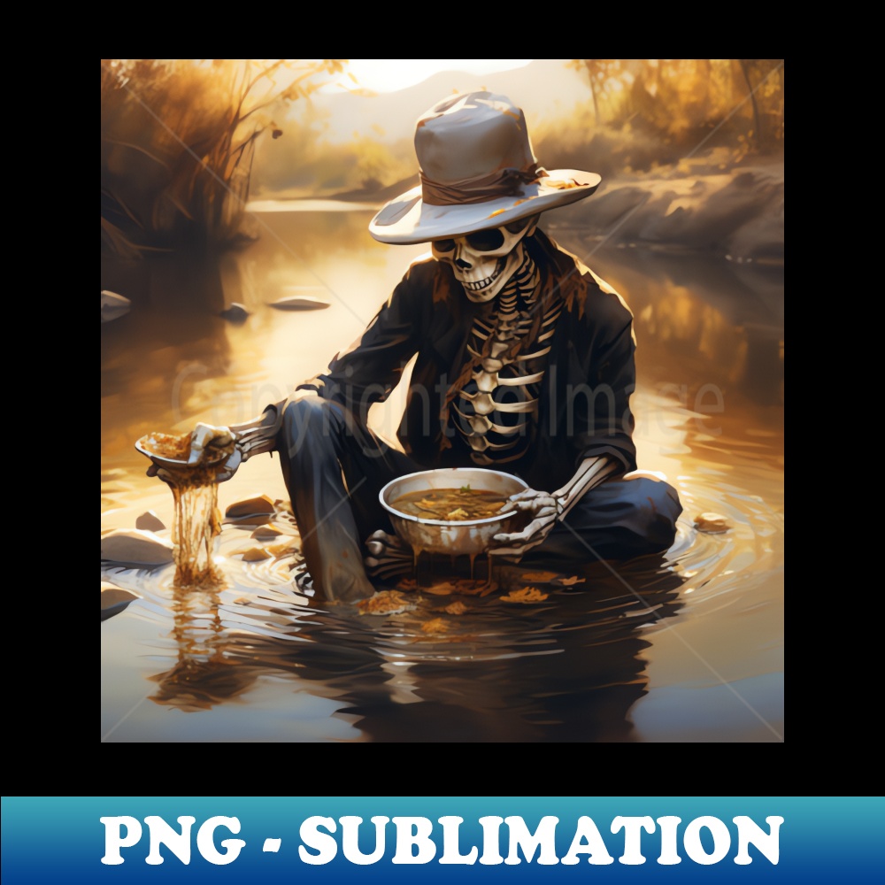 A Cowboy Skeleton Digging for Gold in a River in the Sun Gol - Inspire ...