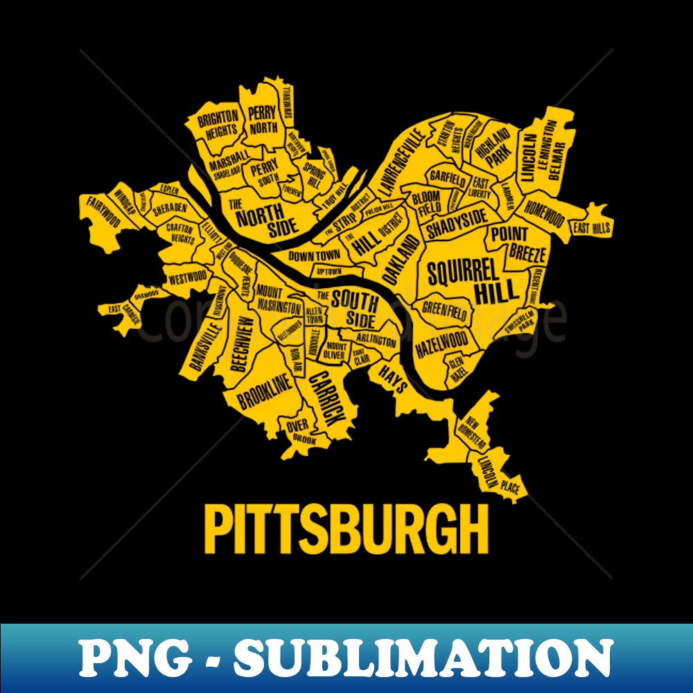 Pittsburgh Neighborhoods Map Gold - Premium PNG Sublimation - Inspire ...