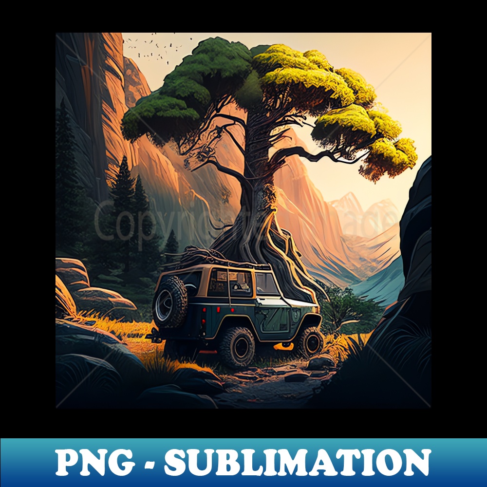 Jeep with Big Tree and Mountain Background - Elegant Sublima | Inspire ...