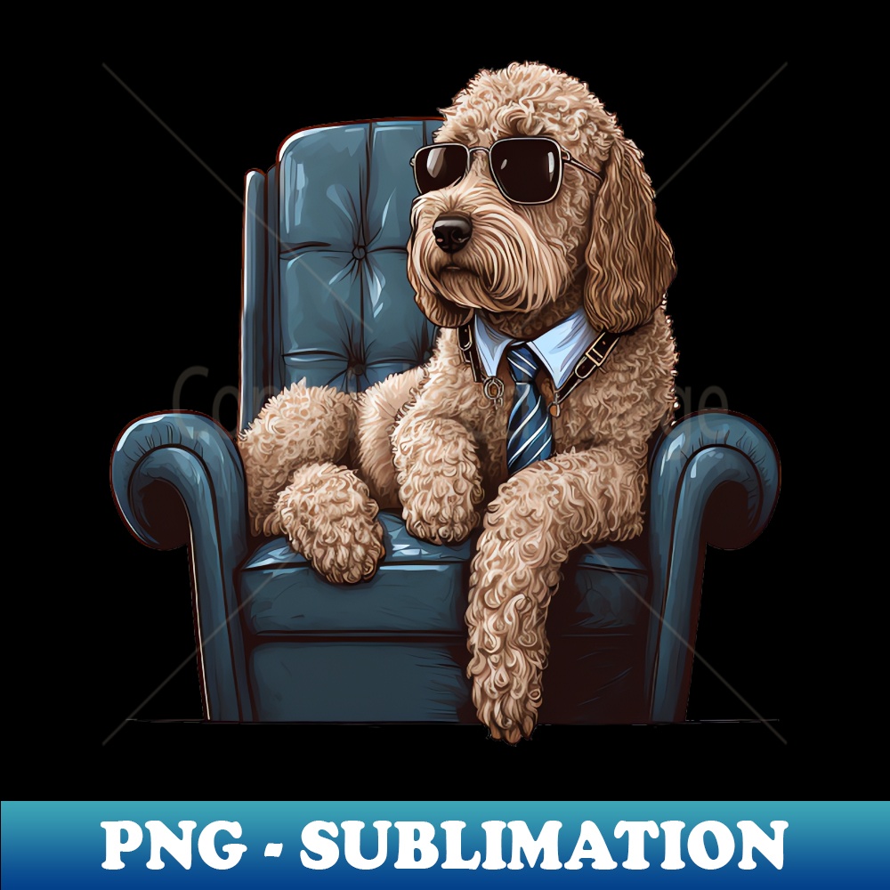 Cool Golden Doodle Stock Trader Sitting on a Lounge Chair - | Inspire ...