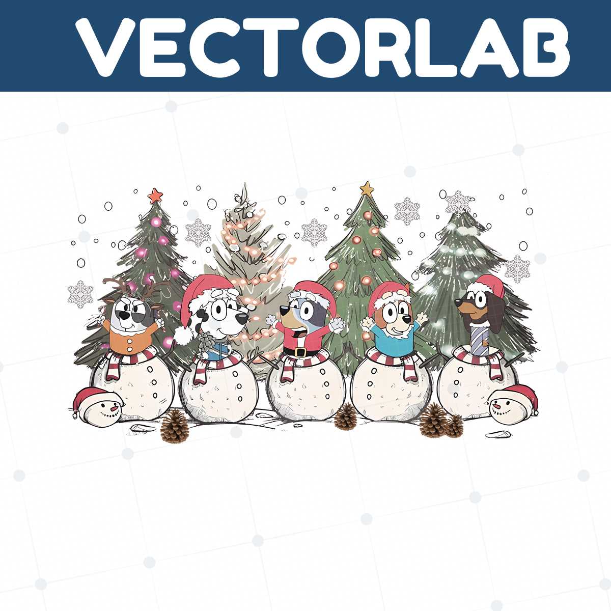 Christmas Bluey Tree Snowman And Friends PNG Download | Inspire Uplift