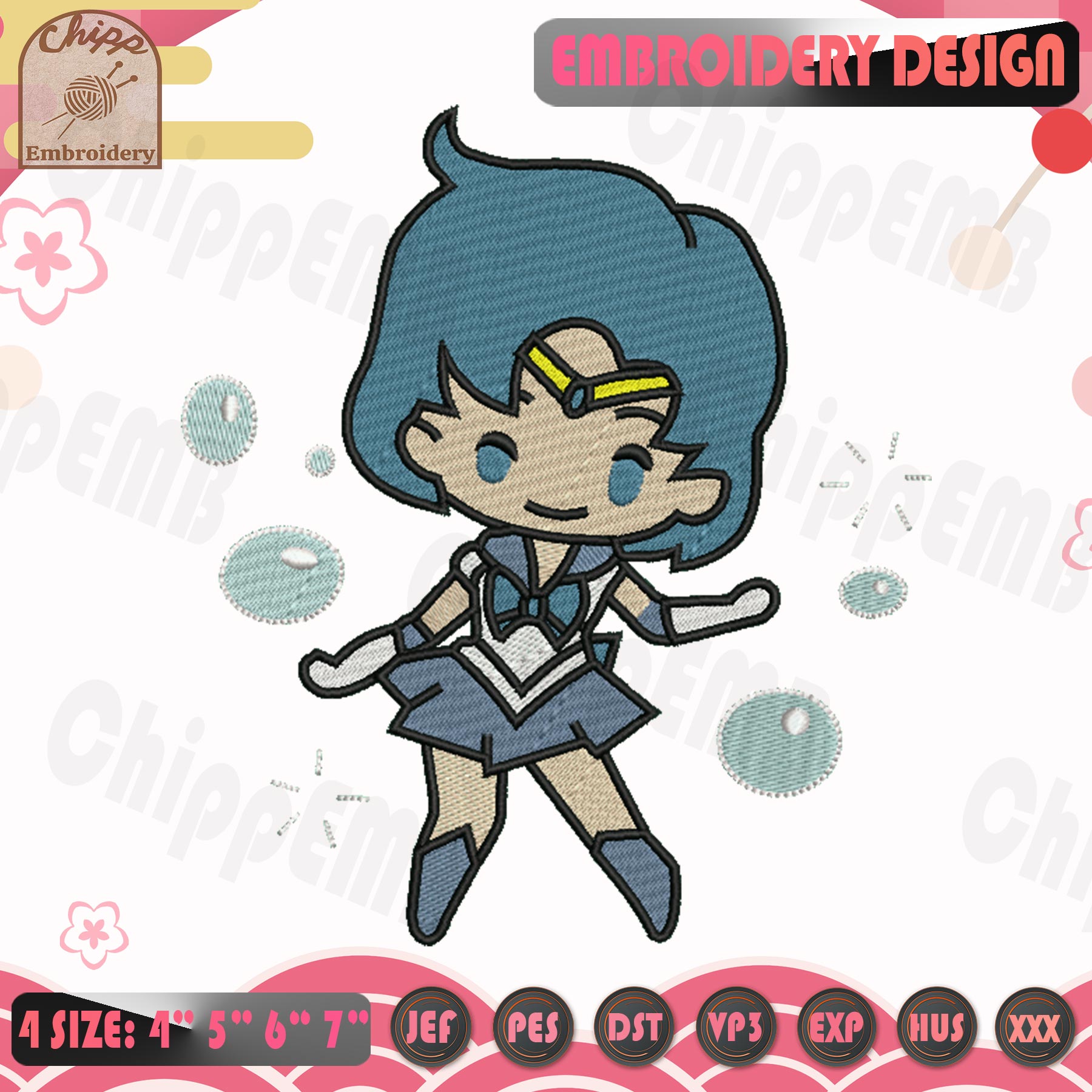 Chibi Sailor Mercury Embroidery Design, Sailor Moon Embroide | Inspire ...