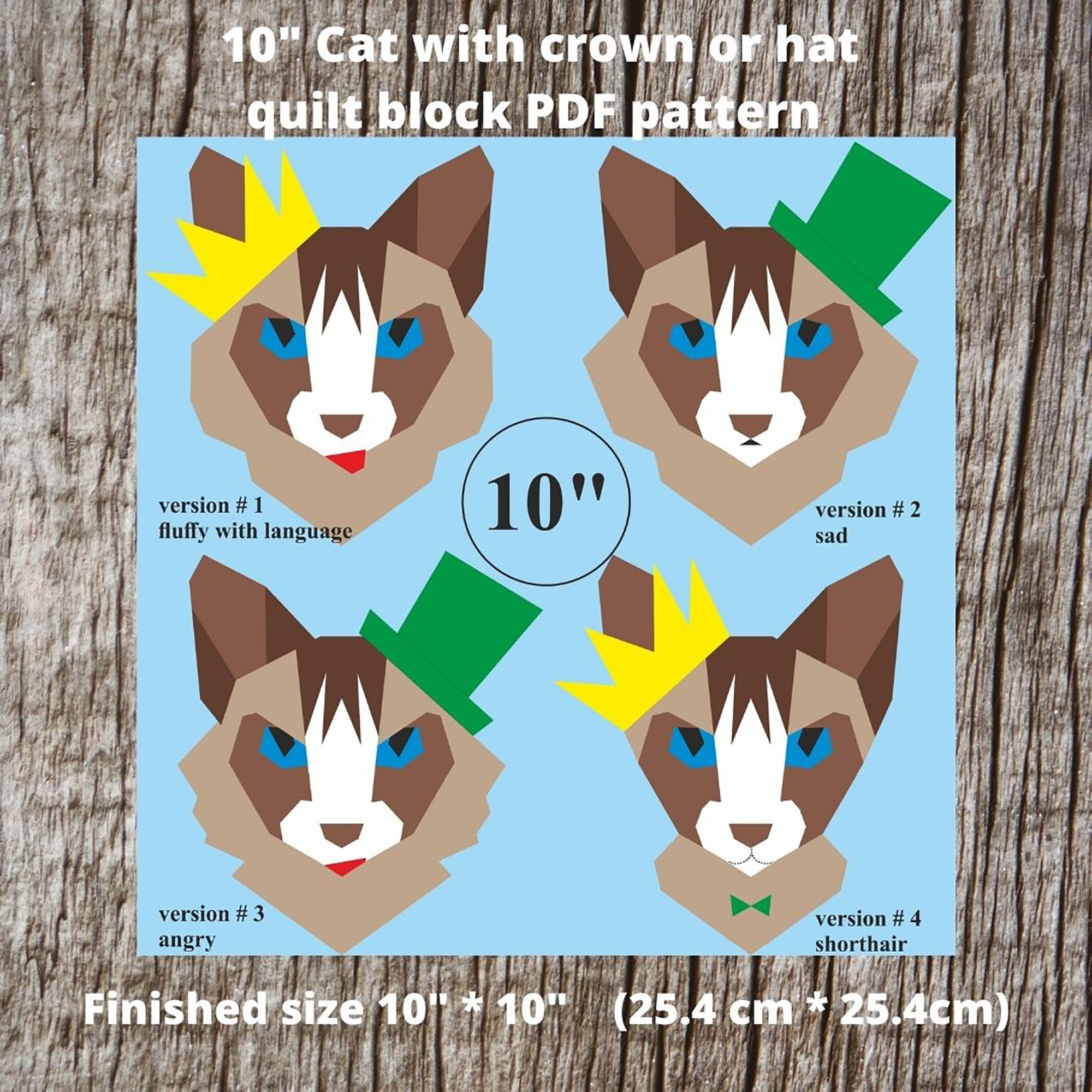 10in Cat with crown or hat (right/left) quilt block PDF patt | Inspire ...