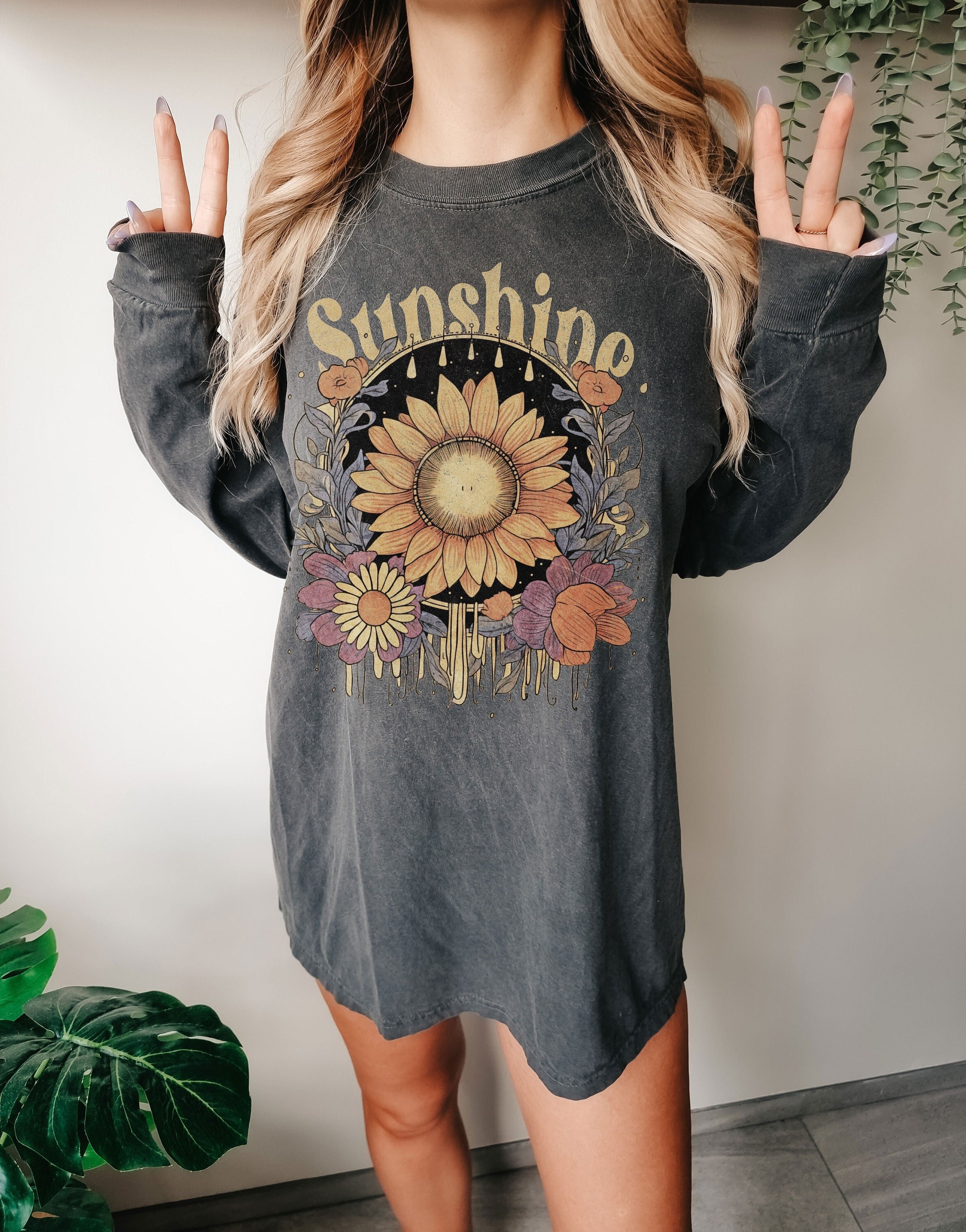 Retro Font Aesthetic Sunshine Sunflower Long Sleeve TShirt | Inspire Uplift