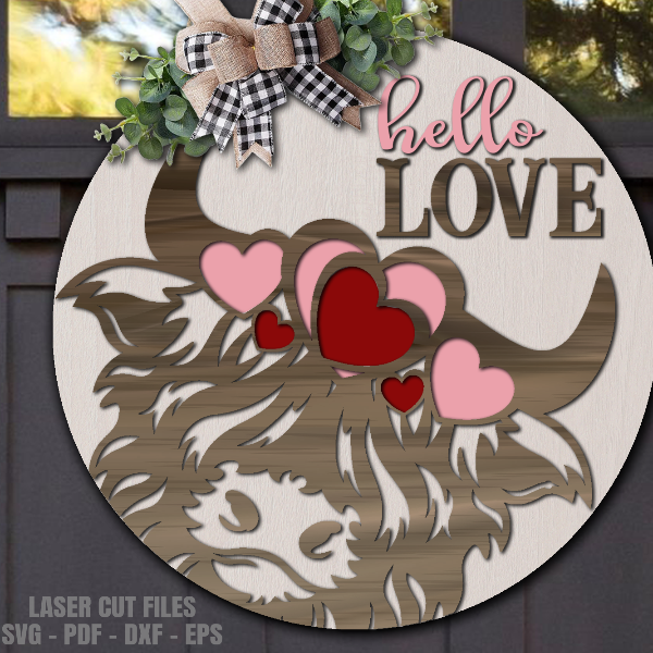 Valentine Door Hanger SVG | Highland Cow SVG | Laser Cut Fil - Inspire ...