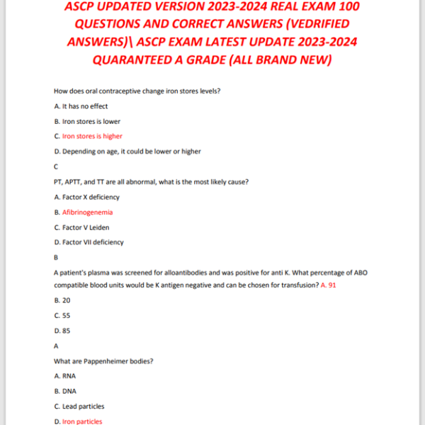 ASCP UPDATED VERSION 2023-2024 REAL EXAM 100 QUESTIONS AND C | Inspire ...