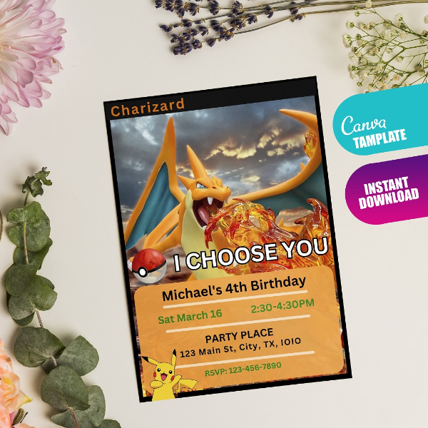 Digital Pokemon Charizardd Invitation | Pokemone Birthday Pa | Inspire ...